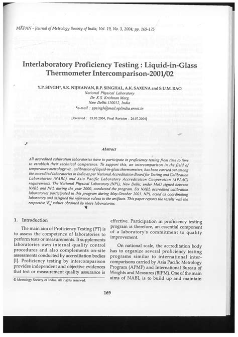 Pdf Interlaboratory Proficiency Testing Liquid In Glass Thermometer Intercomparison 200102