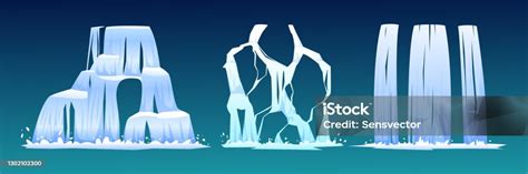 파란색 배경에 고립 된 폭포 세트입니다 벡터 자연 유체 스플래시 및 드롭 떨어지는 강물 이나 산 가을 폭포 아쿠아 스트림 자연과 흐름 풍경 현실적인 언덕 분수 장면 폭포에