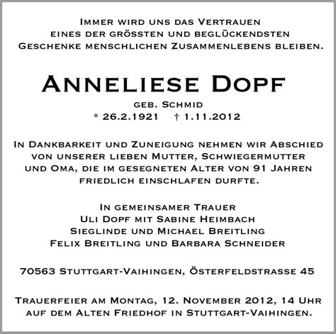 Traueranzeigen Von Anneliese Dopf Stuttgart Gedenkt De