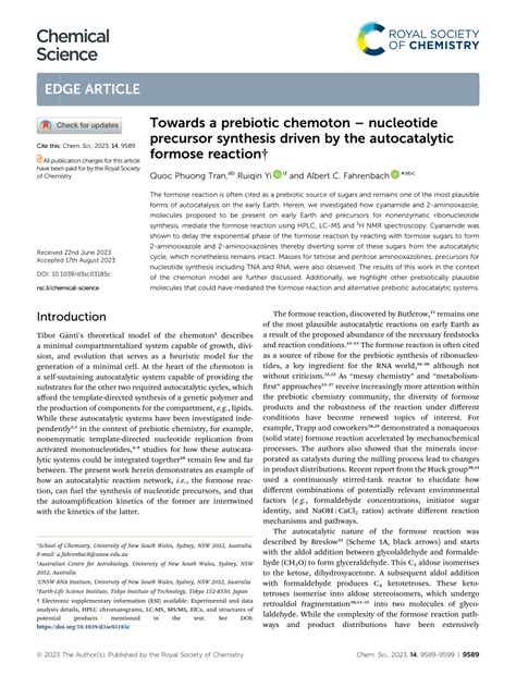 Pdf Towards A Prebiotic Chemoton Nucleotide Precursor Synthesis