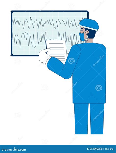 Doctor In Scrubs Analyzing Brainwave Data On Monitor 2d Cartoon