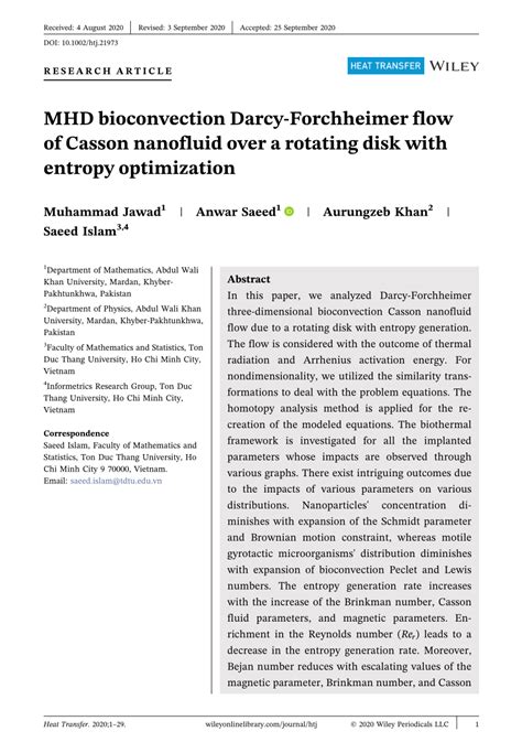 Pdf Mhd Bioconvection Darcy‐forchheimer Flow Of Casson Nanofluid Over A Rotating Disk With