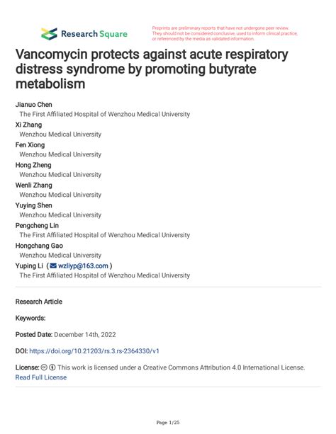 Pdf Vancomycin Protects Against Acute Respiratory Distress Syndrome
