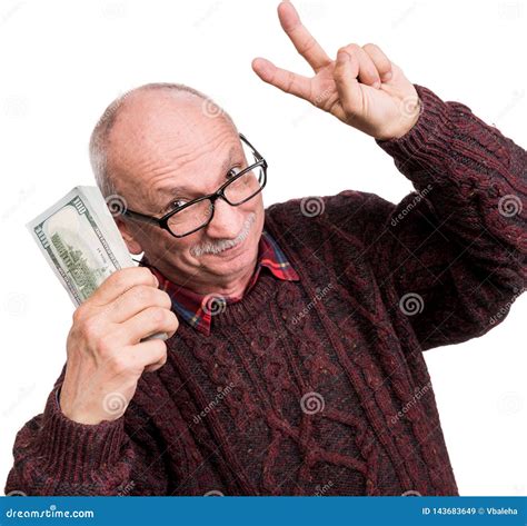 Senior Man Holding A Stack Of Money Portrait Of An Excited Old