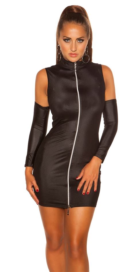 Wetlook Mini Jurkje Met Rits Handschoenen Zwart Classywear