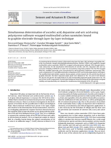 Pdf Simultaneous Determination Of Ascorbic Acid Dopamine And Uric