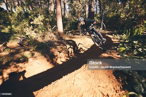 피트니스 자전거 남자는 극단적이고 운동적인 모험이 있는 숲길에서 야외를 합니다 자전거 사이클링 및 스포츠 훈련 및 경주 액션을 위한 빠른 속도와 자연 주기를 가진 운동