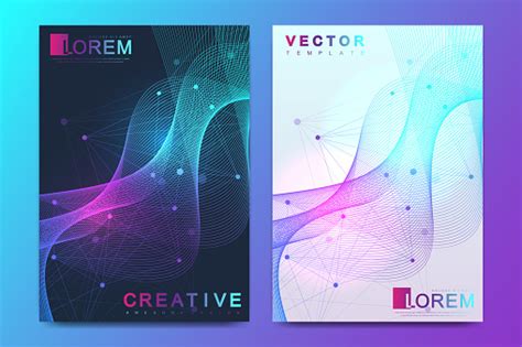 안내 책자 전단지 전단지 커버 카탈로그 잡지 배너 또는 연례 보고서에 대 한 최신 벡터 템플릿 A4 크기입니다 색된 동적 파도 선와 입자 사업 과학 및 기술 설계 0명에