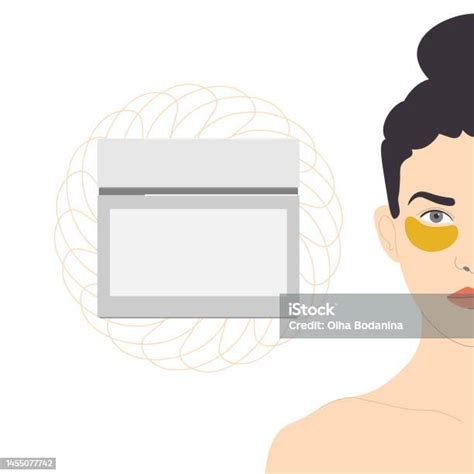 페이셜 케어 묶인 머리와 눈 밑에 금색 패치를 가진 여성 화장품 항아리 흰색 배경에 분리된 벡터 가죽에 대한 스톡 벡터 아트 및