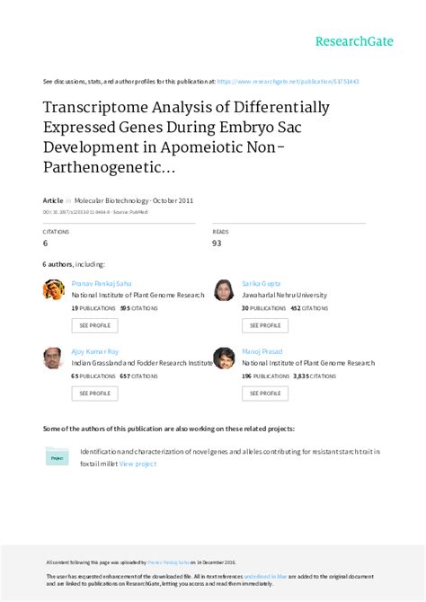 Pdf Transcriptome Analysis Of Differentially Expressed Genes During