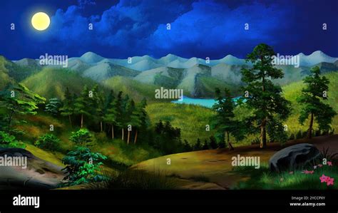 Moonlit Summer Night In A Forest Digital Painting Background Illustration Stock Photo Alamy