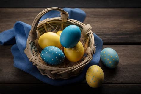 Easter Basket With Blue And Yellow Colour Eggs Composition Generative Ai Stock Illustration