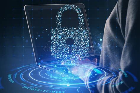 Digital Padlock Hologram Over Laptop Keyboard Symbolizing Cybersecurity And Data Protection On A
