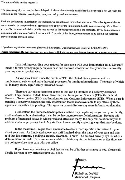 Letter From USCIS And Congresswomen USCIS Service Centers VisaJourney