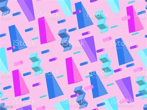 3d 기하학적 모양의 기하학적 원활한 패턴 홍보 제품 포장지 및 인쇄를 위한 80년대 스타일의 등분 성 형상 벡터 일러스트레이션 1980 1989 년에 대한 스톡 벡터 아트