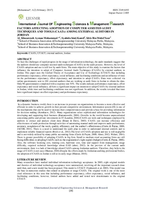 Pdf Factors Affecting Adoption Of Computer Assisted Audit Techniques And Tools Caats Among
