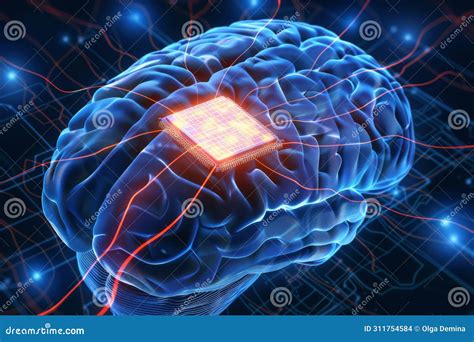Brain With Neuralink Chip In A Dynamic Digital Environment Ai And Technology Royalty Free Stock
