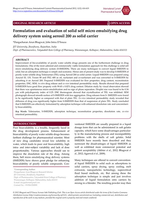Pdf Formulation And Evaluation Of Solid Self Micro Emulsifying Drug Delivery System Using