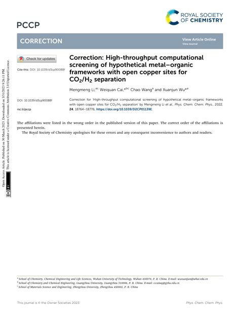 Pdf Correction High Throughput Computational Screening Of Hypothetical Metal Organic