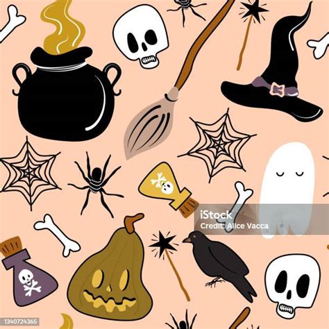 호박 뼈 두개골 물약 가마솥 유령 빗자루 마녀 모자와 까마귀귀여운 만화 화려한 할로윈 원활한 벡터 패턴 배경 그림 10월에 대한