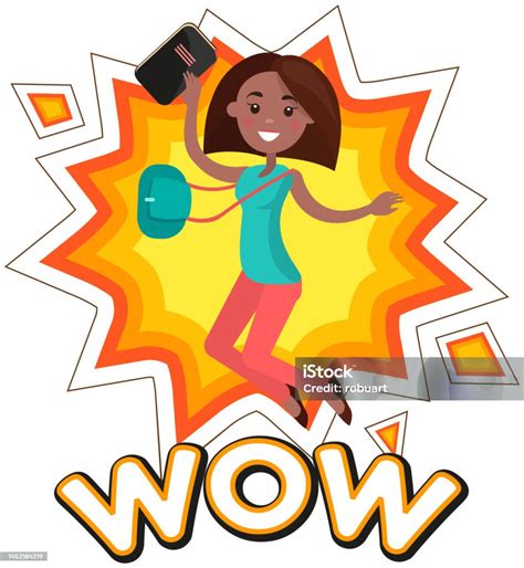 승리를 축하하고 행복하게 팔을 흔드는 행복한 소녀 텍스트 와우와 함께 즐겁게 점프하는 레이디 가득 찬에 대한 스톡 벡터 아트 및