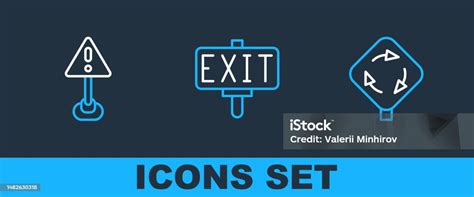 Set Line Roundabout Traffic Sign Exclamation Mark In Triangle And Fire Exit Icon Vector Stock