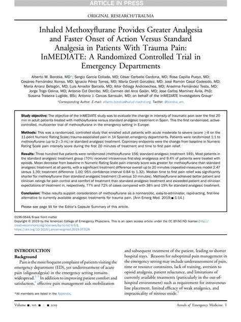 Pdf Inhaled Methoxyflurane Provides Greater Analgesia And Faster Onset Of Action Versus