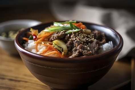 A Spicy Bowl Of Beef Bulgogi Bowl With Tender Strips Of Beef And Crisp Vegetables Stock