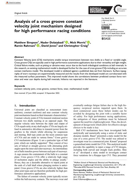 PDF Analysis Of A Cross Groove Constant Velocity Joint Mechanism Designed For High Performance