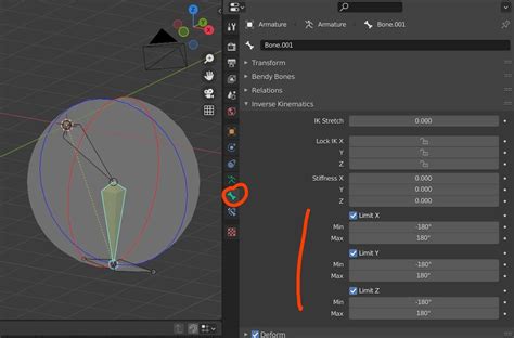 visualization for bone rotation constraints animation and rigging
