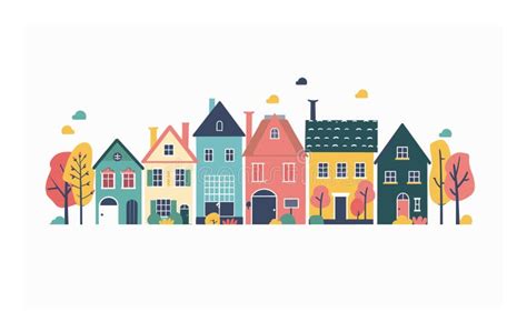 Stylized Colorful Houses Trees Serene Neighborhood Quaint Town Row