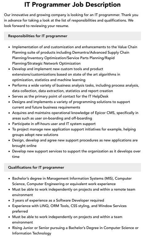 It Programmer Job Description Velvet Jobs