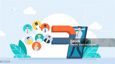 고객 유치 마케팅 전략 새로운 디지털 리드 광고 개념 생성 Seo 또는 Smm 전문가 사업가는 큰 자석으로 돈 현금과 새로운 고객을 유치합니다 벡터 일러스트 레이 션 개념에