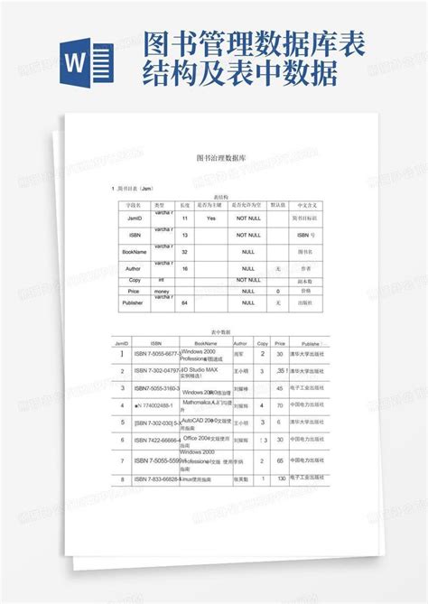 图书管理数据库表结构及表中数据word模板下载 编号lgbadean 熊猫办公