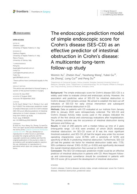 Pdf The Endoscopic Prediction Model Of Simple Endoscopic Score For Crohns Disease Ses Cd As