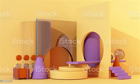 3d 렌더링 사실적인 프리미티브 구성 배경에서 움직이는 기하학적 모양 트렌디한 디자인을 위한 추상적인 테마 구체 토러스 튜브 노란색 및 보라색 톤 0명에 대한 스톡 사진 및