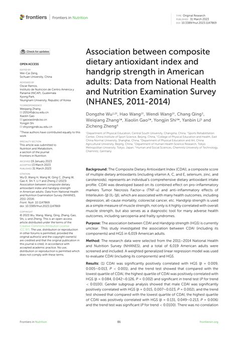 Pdf Association Between Composite Dietary Antioxidant Index And Handgrip Strength In American