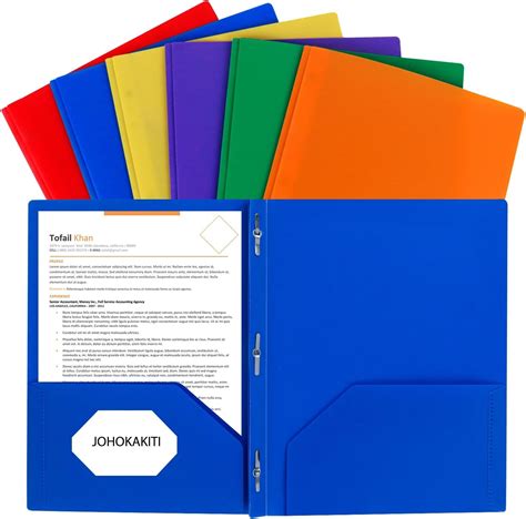 Johokakiti 6 Pack Pocket Folders With 3 Metal Prong Fasteners Durable Plastic 6