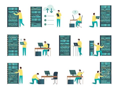 Free Vector System Administrator Flat Color Set Of Isolated Icons With People At Server Racks