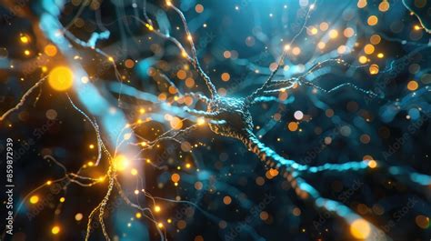 Close-up view of a neural synapse with electrical impulses in a vibrant, abstract interpretation ...