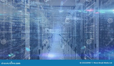 Image Of Data Processing And Light Trails Against Empty Computer Server Room Stock Image Image