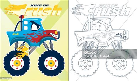 색칠하기 책 또는 빨간 불꽃이 있는 파란색 몬스터 트럭 만화의 페이지 0명에 대한 스톡 벡터 아트 및 기타 이미지 0명