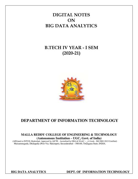 R A BIG DATA Analytics BIG DATA ANALYTICS DEPT OF INFORMATION TECHNOLOGY DIGITAL NOTES