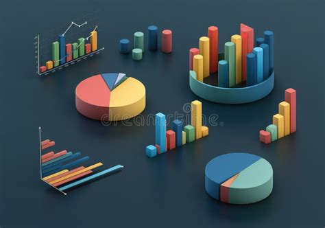 Three Dimensional Data Visualizations Featuring Various Chart Types Stock Illustration