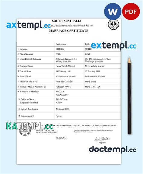 Sample Australia South Australia Marriage Certificate Template In Word And Pdf Format Download
