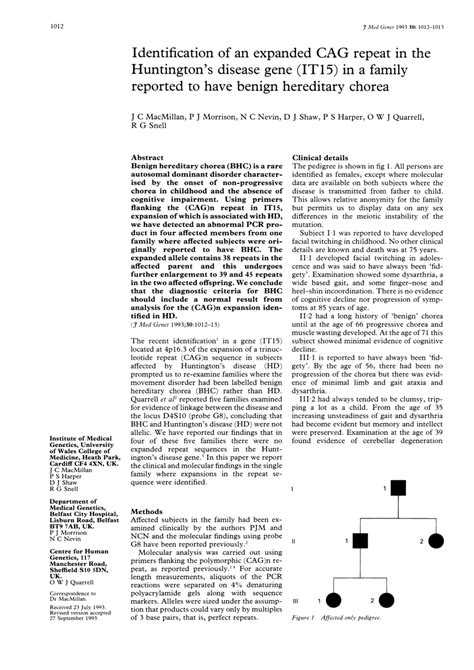 Pdf Identification Of An Expanded Cag Repeat In The Huntingtons
