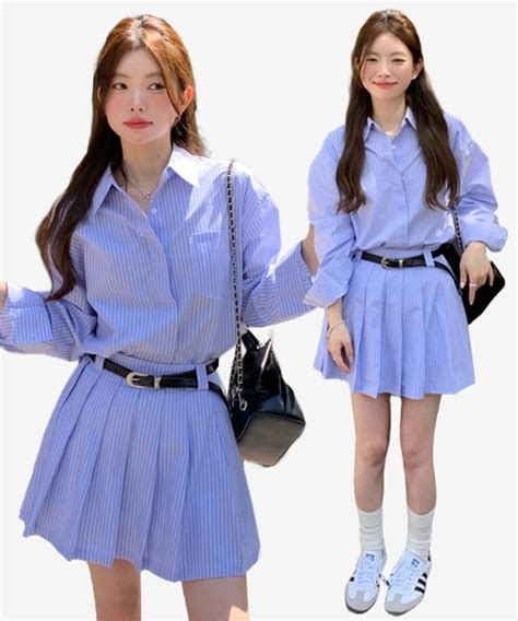 블루 스트라이프 셔츠 스커트 세트