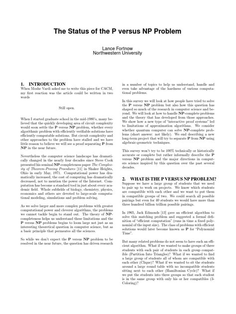 the status of the p versus np problem pdf computational complexity