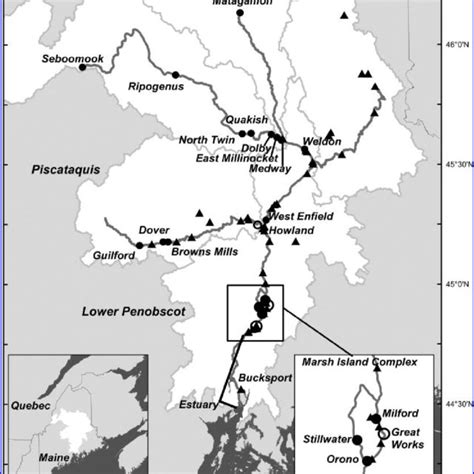 Regional Location Of Penobscot River With Dams Circles Stocking