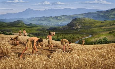 Peasant Farmers In A Grain Field Ancient Village On The Distant Hill